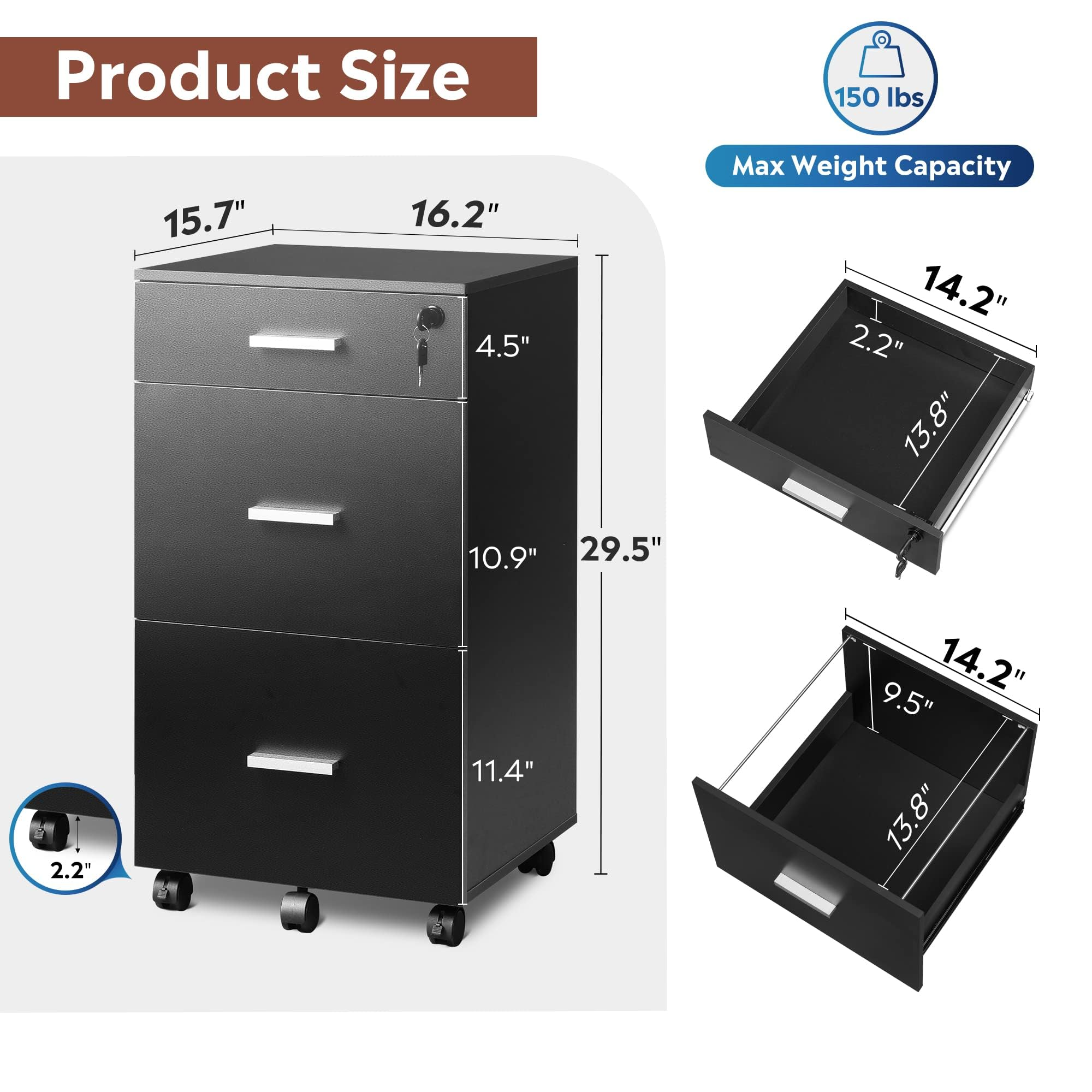 3 Drawer Rolling File Cabinet with Lock | DEVAISE – Devaise