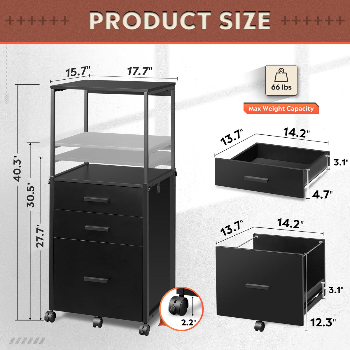 3 Drawer Mobile File Cabinet / Printer Stand with Shelves | DEVAISE ...
