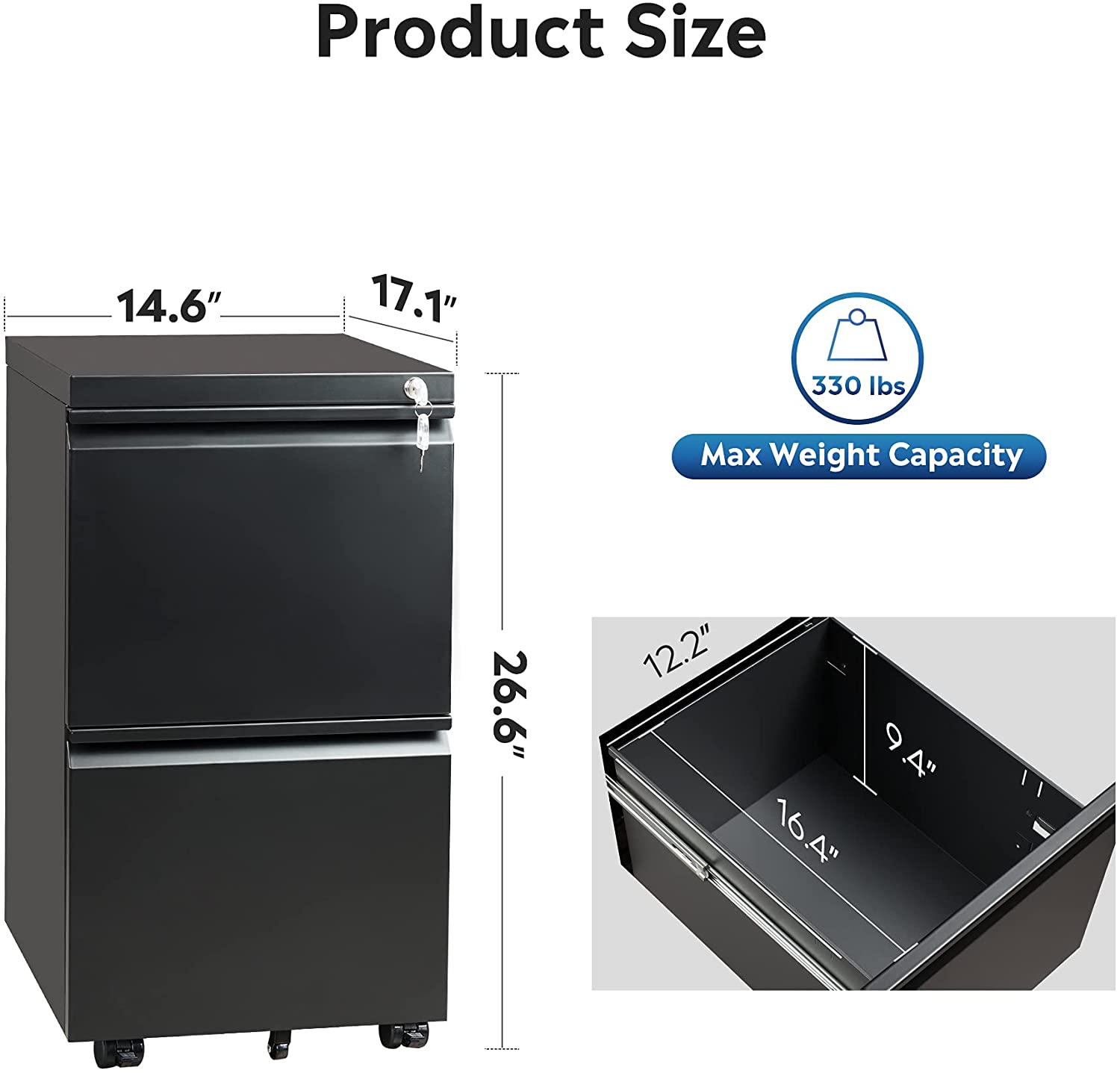 Metal 2-Drawer Mobile File Cabinet with Recessed Handles and Lock – Devaise