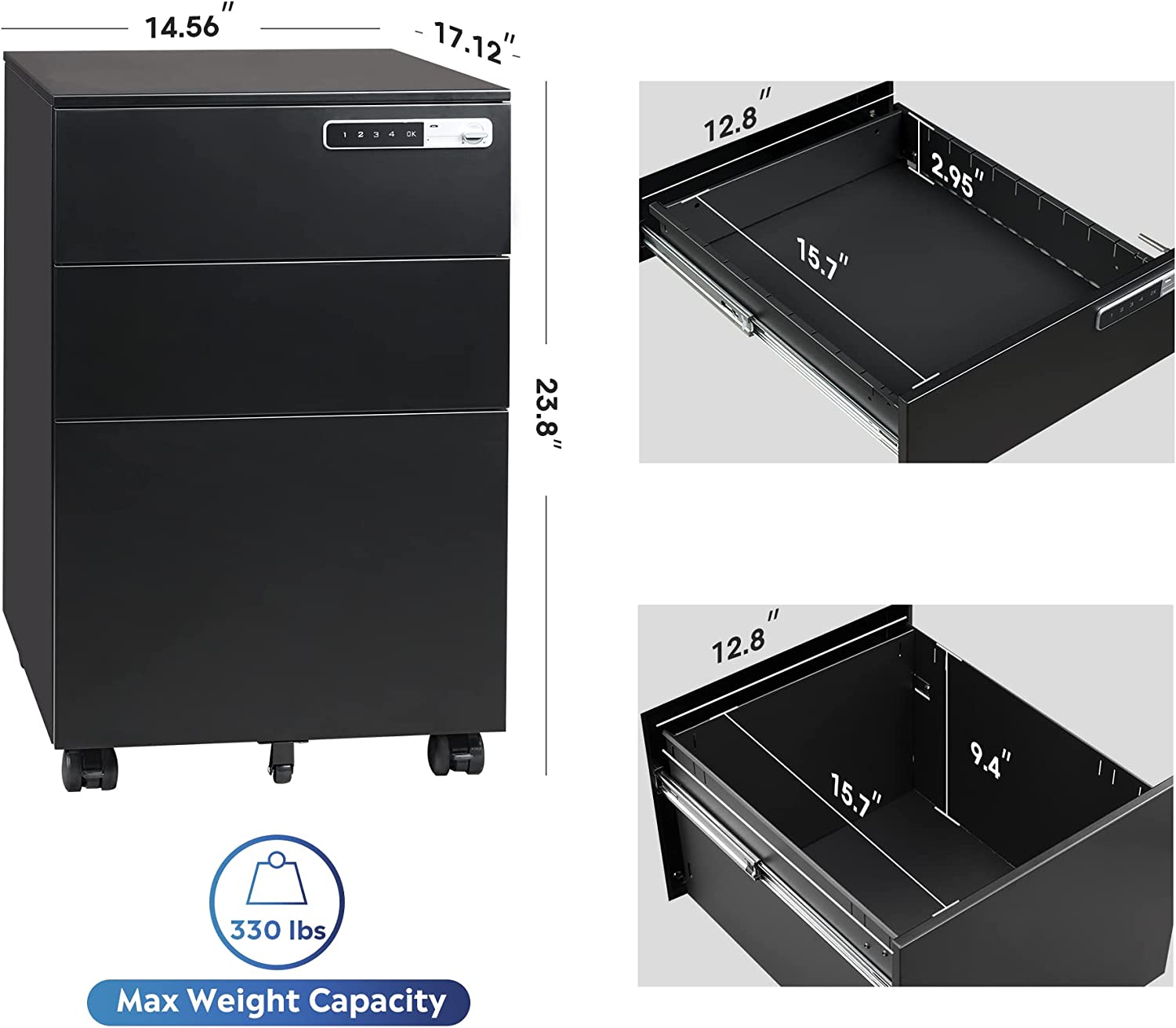 Metal 3 Drawer Mobile File Cabinet with Smart Lock – Devaise