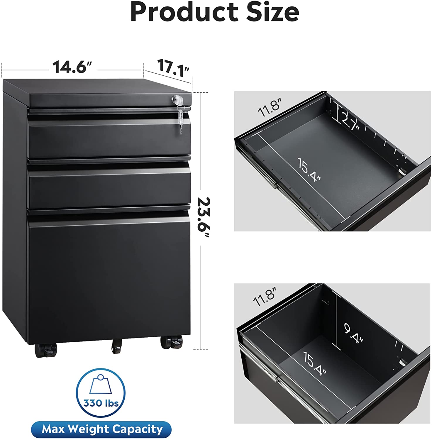 17.1'' W Metal 3 Drawer Mobile File Cabinet with Recessed Handle and L ...