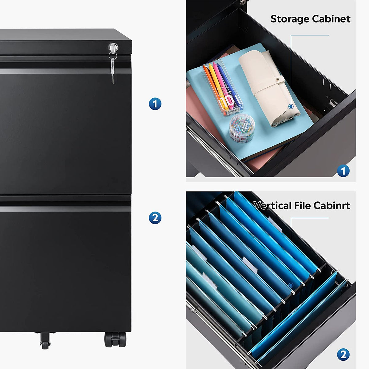 Metal 2-Drawer Mobile File Cabinet with Recessed Handles and Lock – Devaise