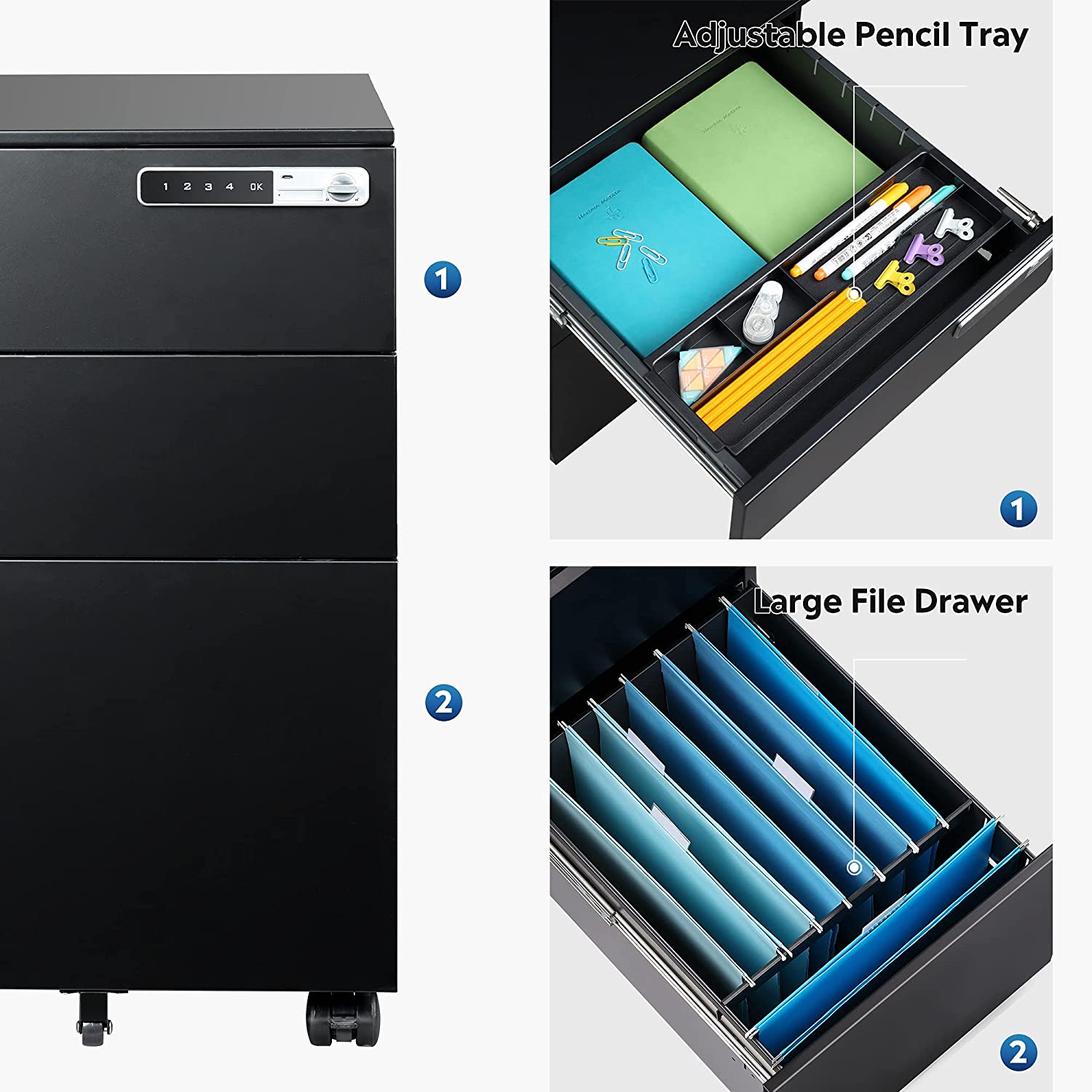 Metal 3 Drawer Mobile File Cabinet with Smart Lock – Devaise