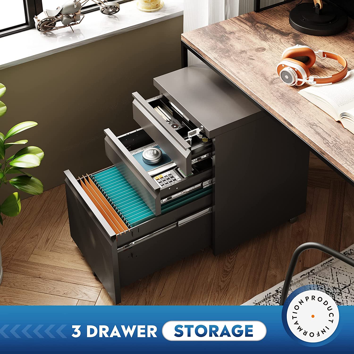 14.6" W Metal 3 Drawer File Cabinet with Recessed Handle and Lock ...