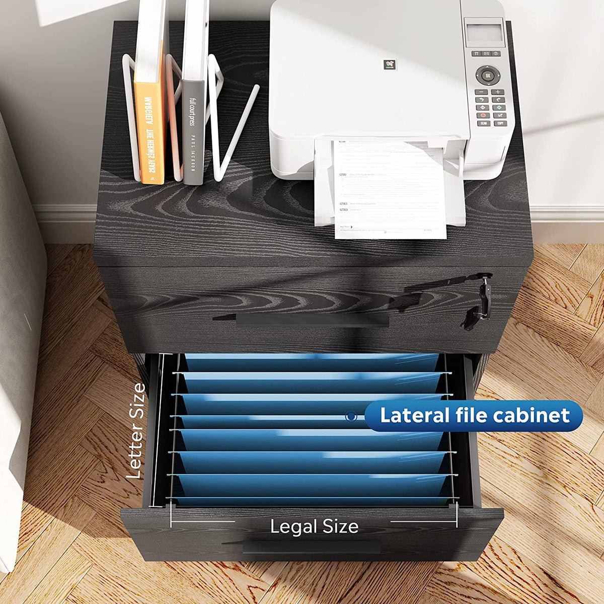 Black 2 Drawer Wood Lateral File Cabinet/Printer Stand with Lock – Devaise